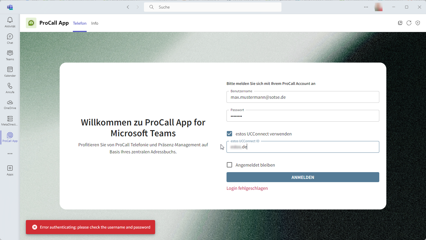 Login to ProCall app for Microsoft Teams fails